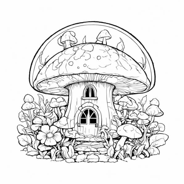 Download Whimsical Mushroom House Coloring pages Online - Creative Fabrica