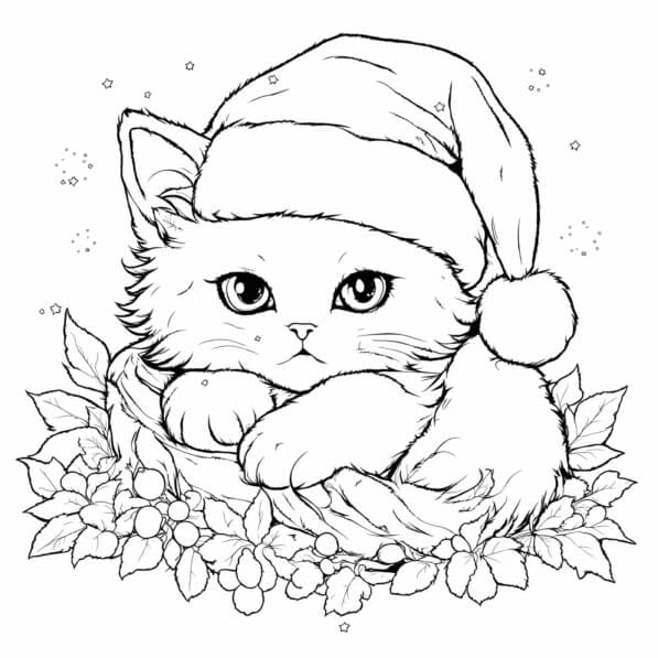 Download Adorable Cat in Santa Hat with Holiday Greens Coloring pages ...
