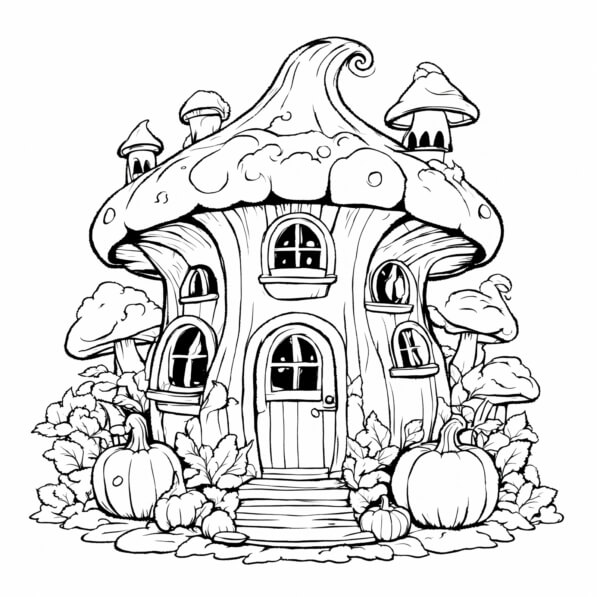 Download Whimsical Mushroom House Coloring pages Online - Creative Fabrica