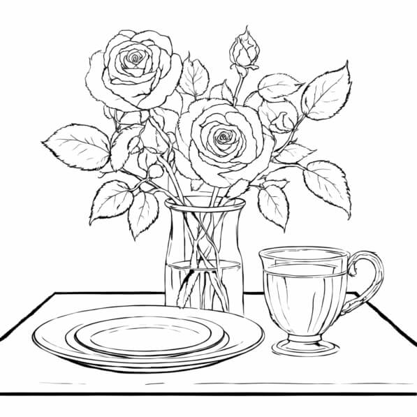 Download Line Drawing of Table Setting with Roses Coloring pages Online ...