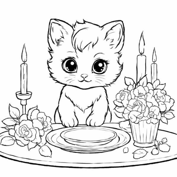 Download Adorable Cat at Dining Table with Flowers and Candles Coloring ...