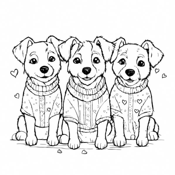 Download Three Cartoon Dogs in Sweaters with Hearts Coloring pages ...