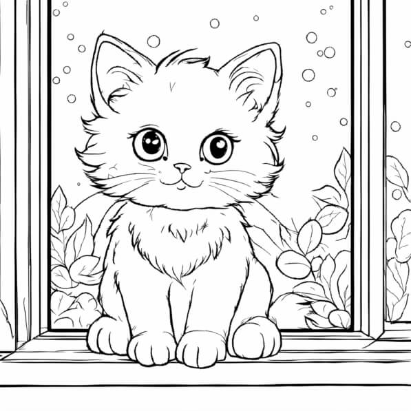 Download Cute Cartoon Kitten in a Window Coloring pages Online ...