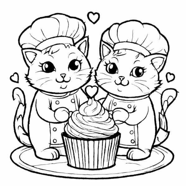 Download Cheerful Cats as Chefs with Cupcake Coloring pages Online ...