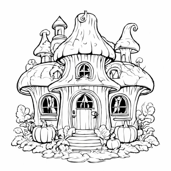 Download Whimsical Mushroom House Coloring pages Online - Creative Fabrica