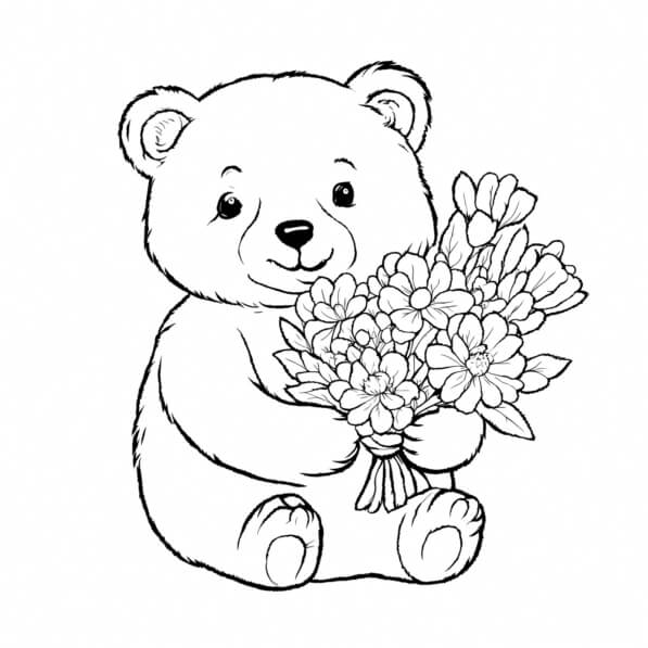 Download Cute bear holding flowers Coloring pages Online - Creative Fabrica