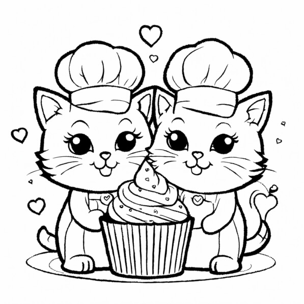 Download Cute Chef Cats with Cupcake Coloring pages Online - Creative ...
