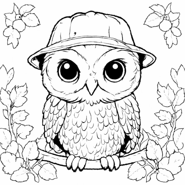 Download Cute Cartoon Owl in Hat Coloring pages Online - Creative Fabrica