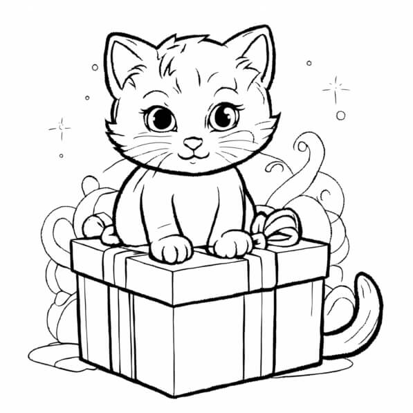 Download Cute Kitten on a Gift Box Coloring pages Online - Creative Fabrica