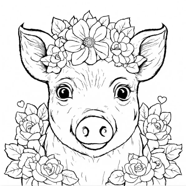 Download Adorable Pig with Floral Crown Coloring pages Online ...