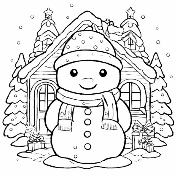 Download Snowman in Winter Wonderland with House and Presents Coloring ...