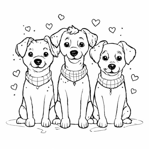 Download Three Cartoon Dogs with Hearts Coloring pages Online ...