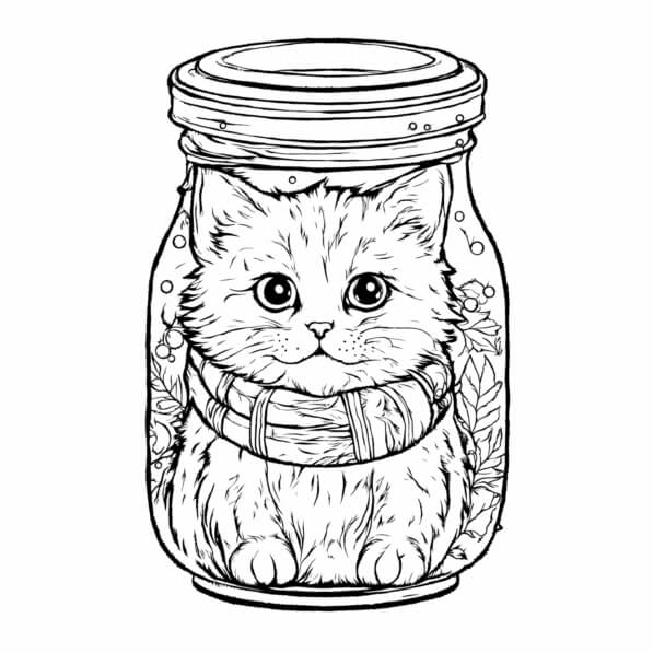 Download Cute Cat in a Jar Coloring pages Online - Creative Fabrica