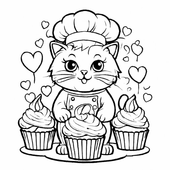 Download Cartoon Cat Chef with Cupcakes Coloring pages Online ...