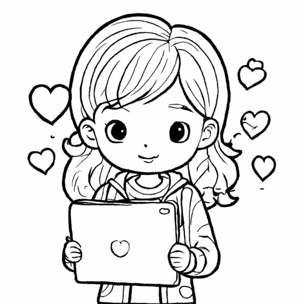 Baixe Garota fofa segurando um tablet com corações Colorir páginas ...