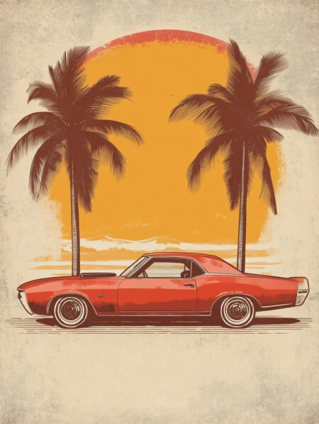 Download Vintage Red Car Under Palm Trees at Sunset Backgrounds Online ...