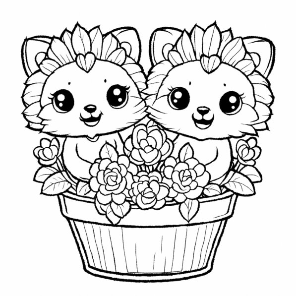 Download Cute Animal Characters in Flower Pot Coloring pages Online ...