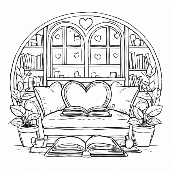 Download Cozy Reading Nook with Heart-Shaped Sofa Coloring pages Online ...