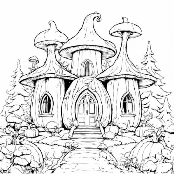Download Whimsical Mushroom House in a Fantasy Landscape Coloring pages ...