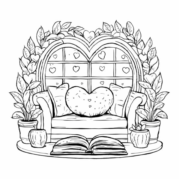 Download Cozy Heart-Shaped Interior with Sofa and Plants Coloring pages ...