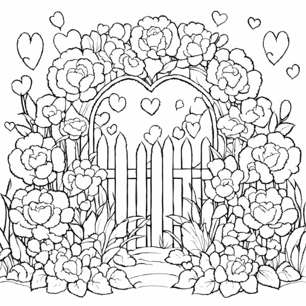 Download Heart-Shaped Garden Gate with Flowers Coloring pages Online ...