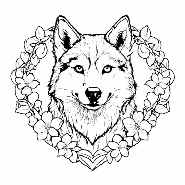 Download Wolf Head Illustration with Floral Frame Coloring pages Online ...