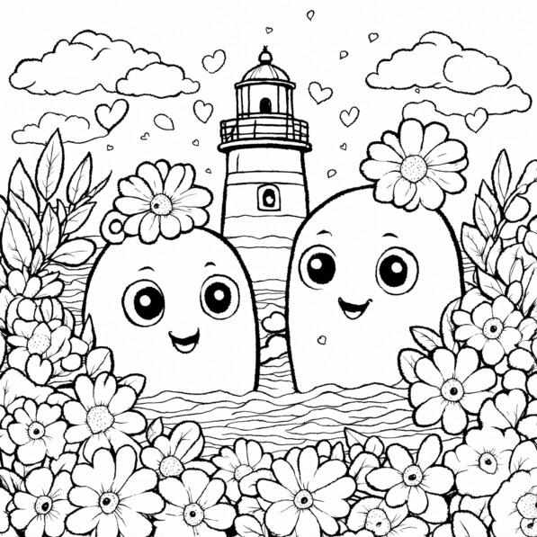 Download Cute Ghosts with Lighthouse and Flowers Coloring pages Online ...
