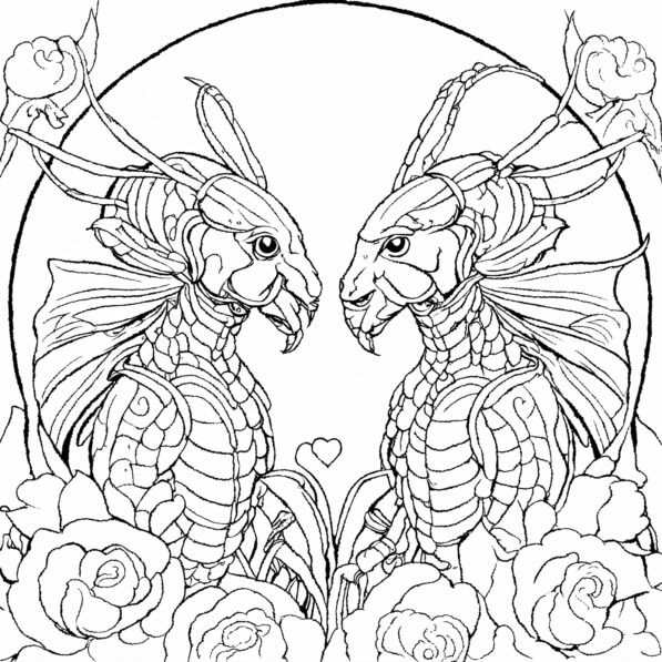 Download Intricate Line Art of Humanoid Creatures with Roses Coloring ...