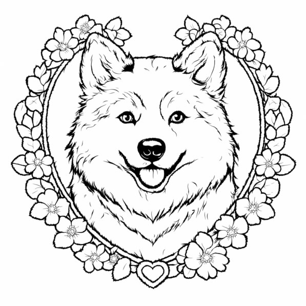 Download Illustration of a Samoyed Dog Surrounded by Flowers Coloring ...