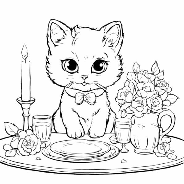 Download Cute Cartoon Cat at Dining Table Coloring pages Online ...