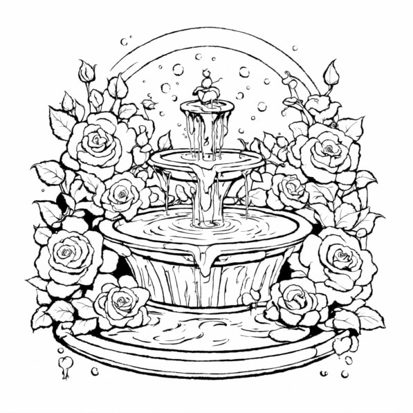 Download Intricate Fountain Surrounded by Roses Coloring pages Online ...