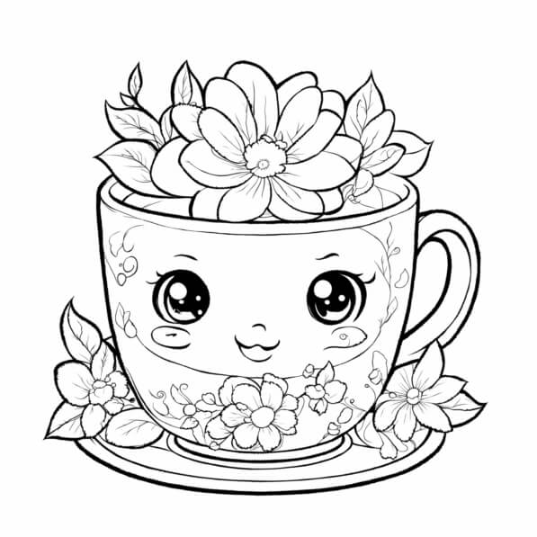 Download Cute Tea Cup with Flowers Coloring pages Online - Creative Fabrica