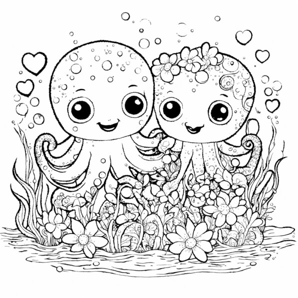 Download Two Cute Octopuses in a Flower Garden Coloring pages Online ...