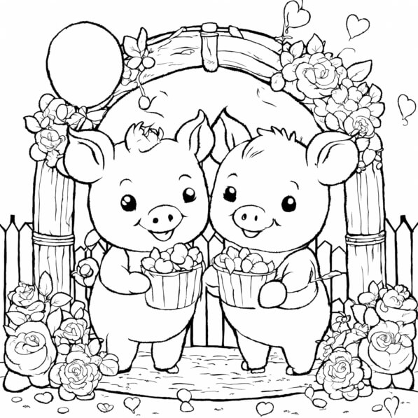 Download Two Cartoon Pigs Holding Buckets of Fruits Coloring pages ...