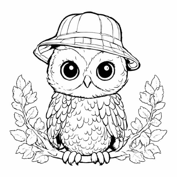Download Owl in a Bucket Hat Coloring pages Online - Creative Fabrica