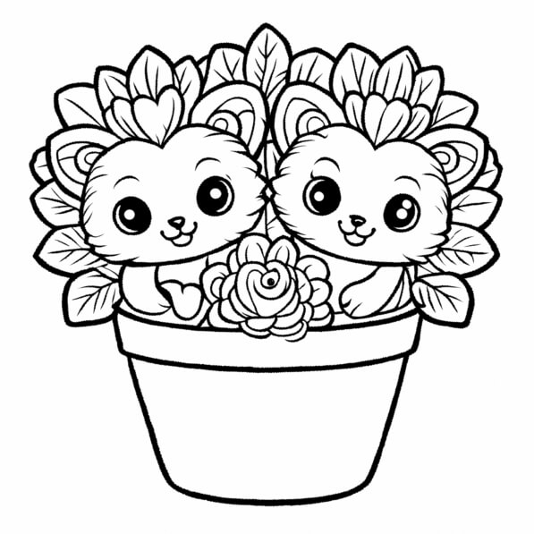Download Cute Animals in a Flower Pot Coloring pages Online - Creative ...