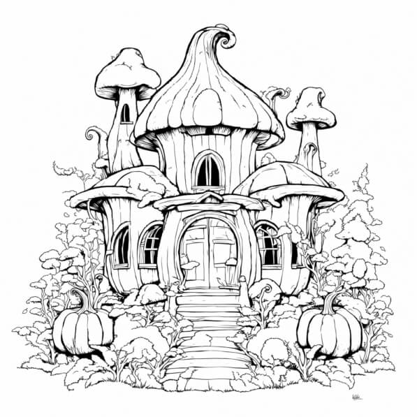 Download Whimsical Mushroom House in a Garden Coloring pages Online ...