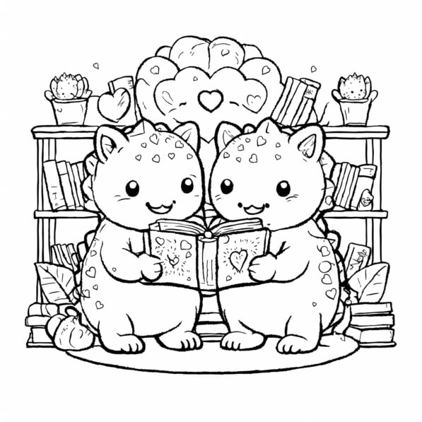 Download Two adorable creatures reading in a library Coloring pages ...