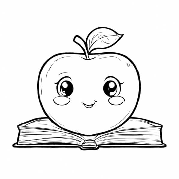 Download Cute Apple on Open Book Coloring pages Online - Creative Fabrica
