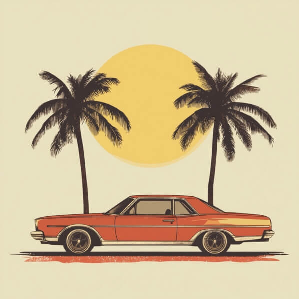 Download Vintage Orange Car with Palm Trees and Sun Backgrounds Online ...