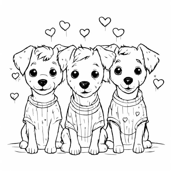 Descarga Tres cachorritos lindos con corazones Páginas para colorear En ...