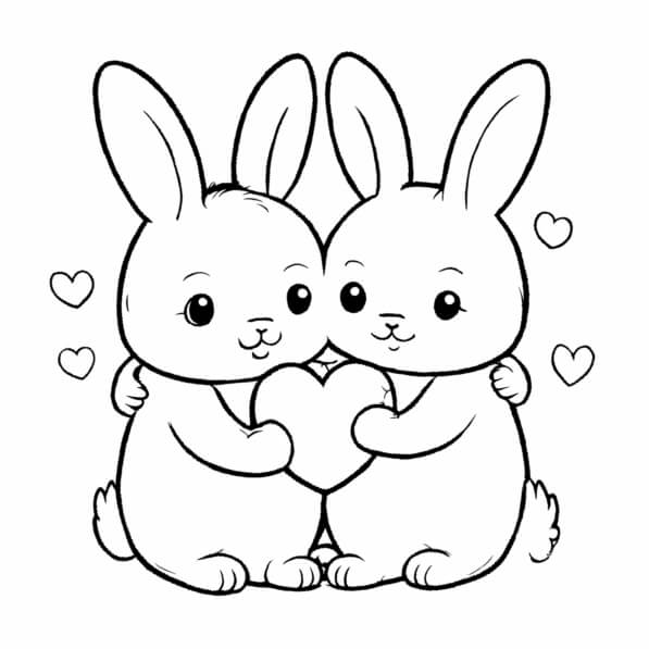 Download Two Cute Cartoon Rabbits Holding a Heart Coloring pages Online ...
