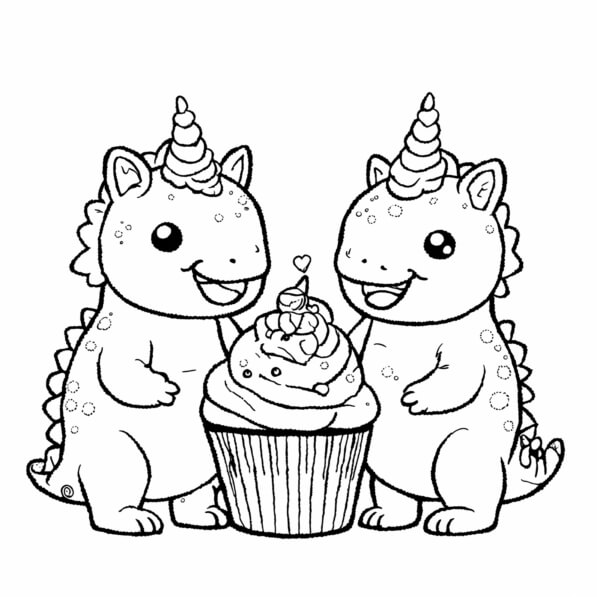Download Two Unicorn Dinosaurs with Cupcake Coloring pages Online ...