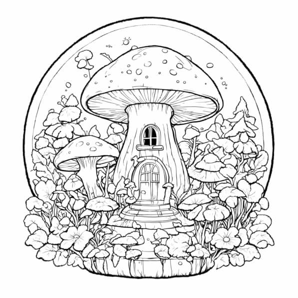 Download Whimsical Mushroom House Coloring pages Online - Creative Fabrica
