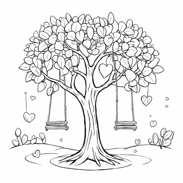 Download Whimsical Tree with Swings and Heart Motifs Coloring pages ...