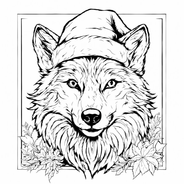 Download Wolf Wearing a Santa Hat Coloring pages Online - Creative Fabrica