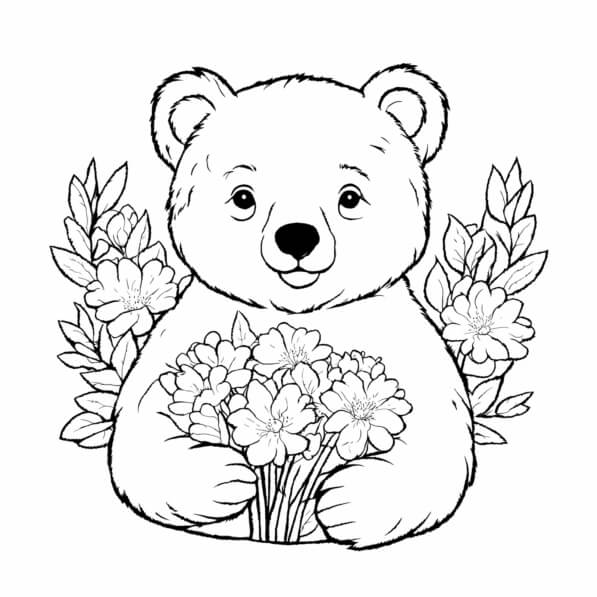 Download Cute Bear Holding Flowers Coloring pages Online - Creative Fabrica