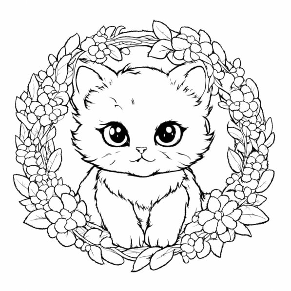 Download Cute Kitten in Floral Wreath Coloring pages Online - Creative ...