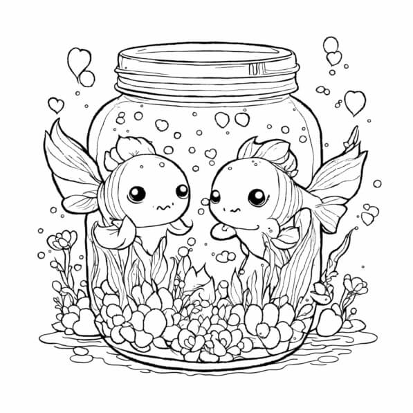 Download Cute Fish in a Jar Coloring pages Online - Creative Fabrica