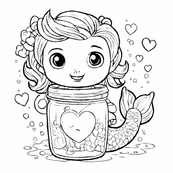 Download Cute Mermaid Girl in Jar Coloring pages Online - Creative Fabrica